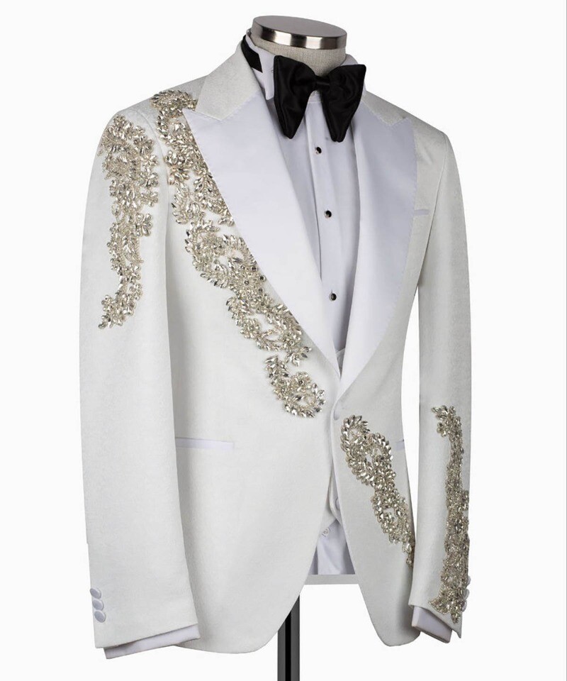 Luxury Wedding Groom Men's Rhinestone Suits Slim Fit Jacket Black Pant ...