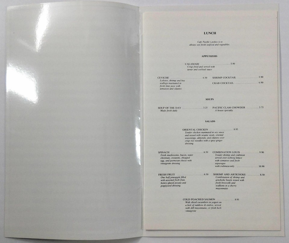 1980's Vintage Lunch Menu CAFE PACIFIC Restaurant Highland Park Texas ...