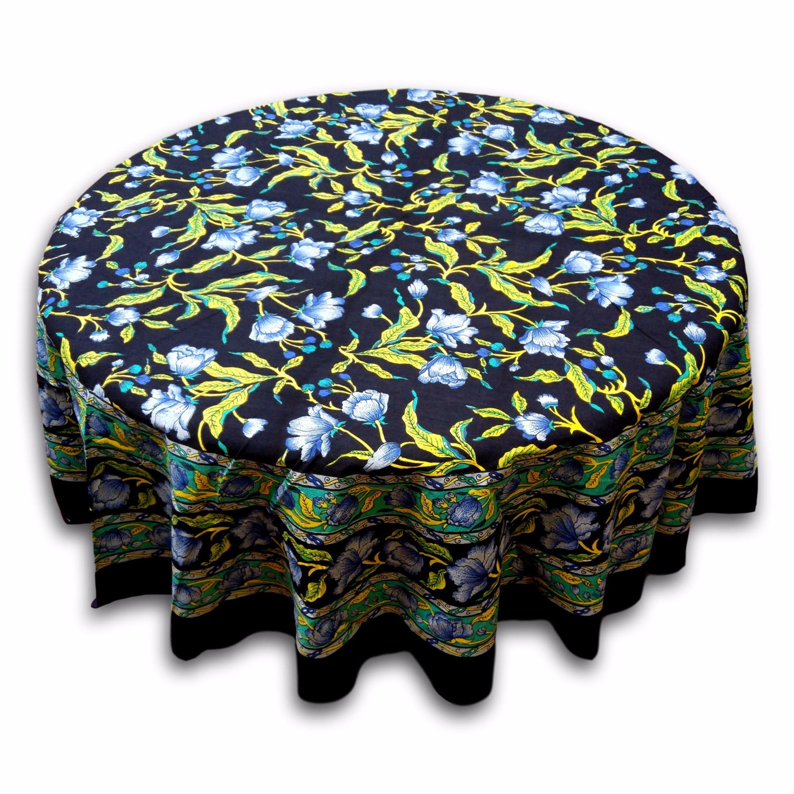 Cotton Floral 70 inches Round Tablecloth Black Blue Green Roundy Beach ...