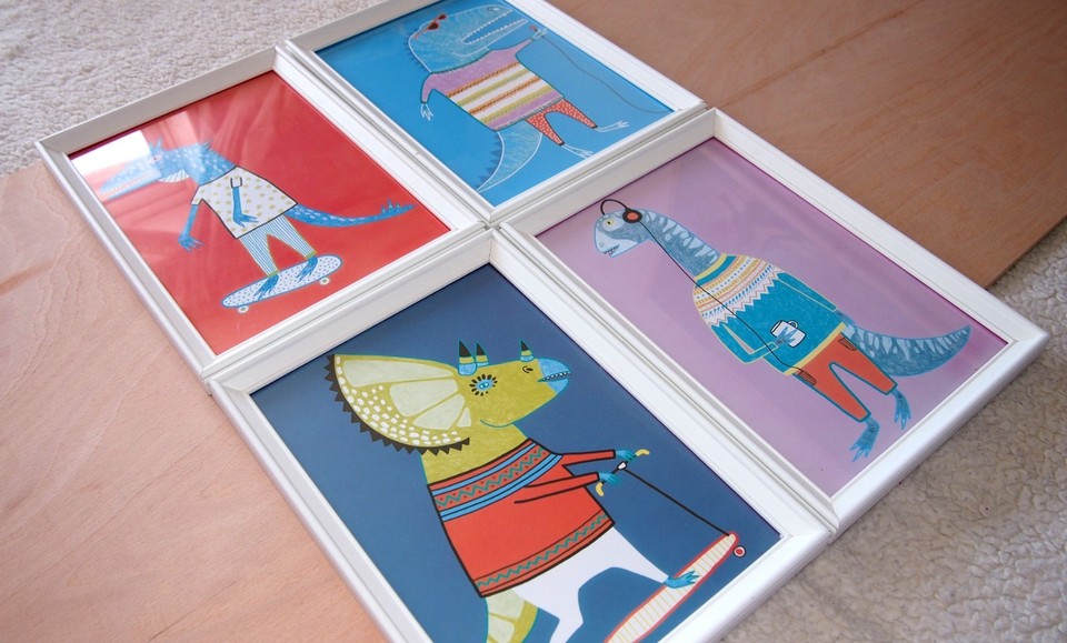 IKEA 4 Dinosaur Framed A4 Art Prints College Uni Kids Fun Decor Hand ...
