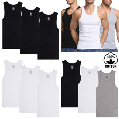 Men Cotton Tank Top Wife-Beater A-Shirt Regular Undershirt Ribbed White ...