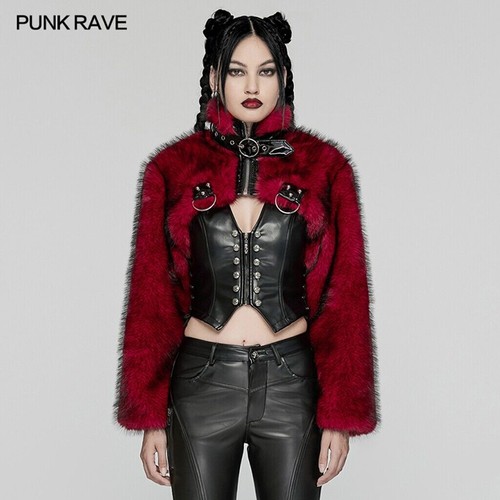 Punk Rave Women Black And Red Gothic Punk Personalized Zipper Short Fur ...