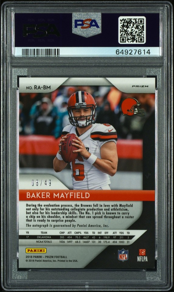 2018 PANINI PRIZM RC AUTOS PURPLE POWER #BM BAKER MAYFIELD 8/49 PSA 9 AUTO | eBay