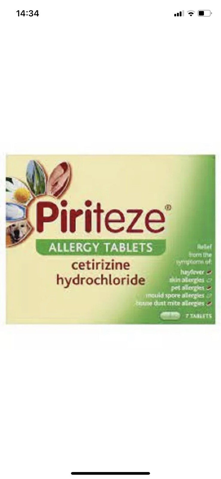 7 Piriteze Allergy Tablets Cetirizine Hydrochloride Hayfever Pet Skin ...