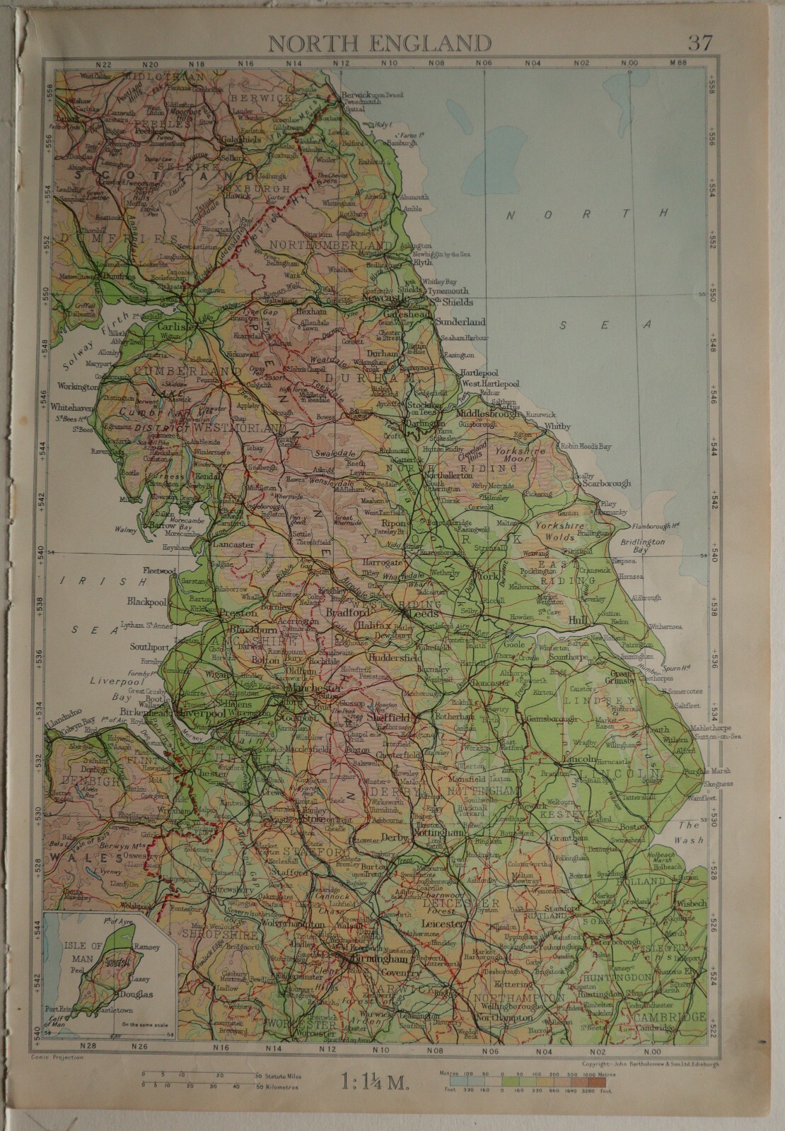 1950 Mappa - North Inghilterra Durham Lancashire Hull Halifax Sheffield ...