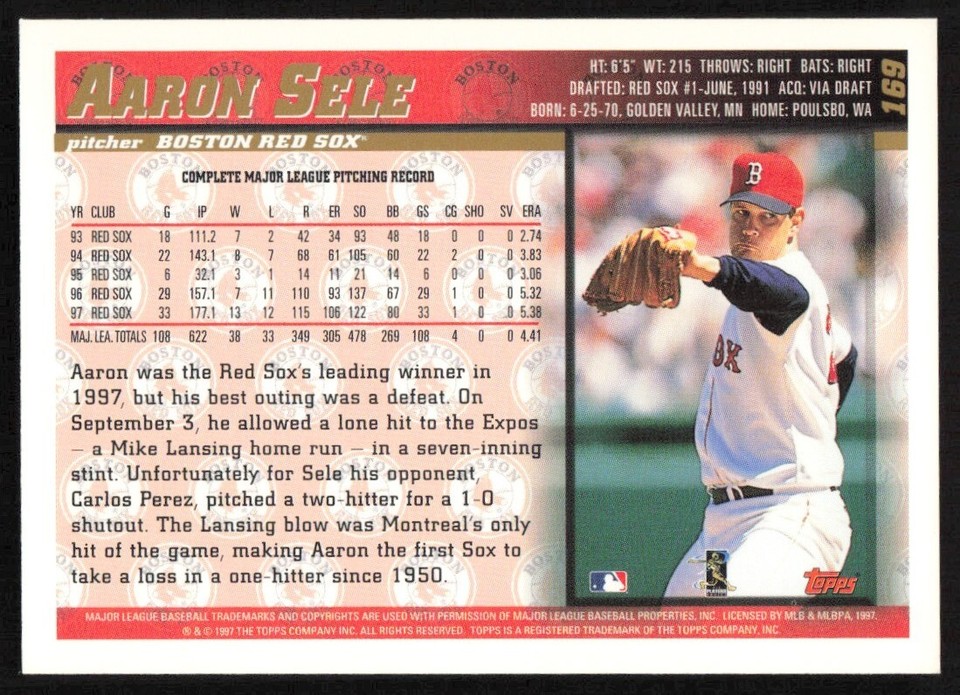 1998 Topps Baseball Aaron Sele #169 Boston Red Sox | eBay
