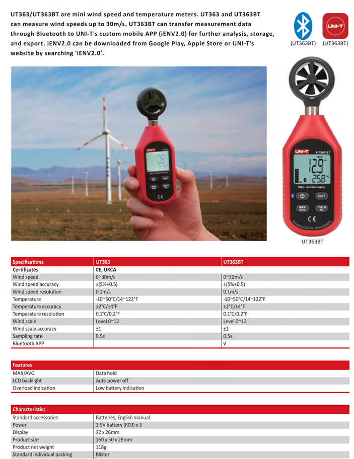UNI-T UT363BT Digital LCD Anemometer Bluetooth Wind Speed meter ...