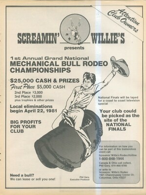 FRAMED PICTURE/ ADVERT 14X11 SCREAMIN' WILLIE'S 1ST MECHANICAL BULL ...