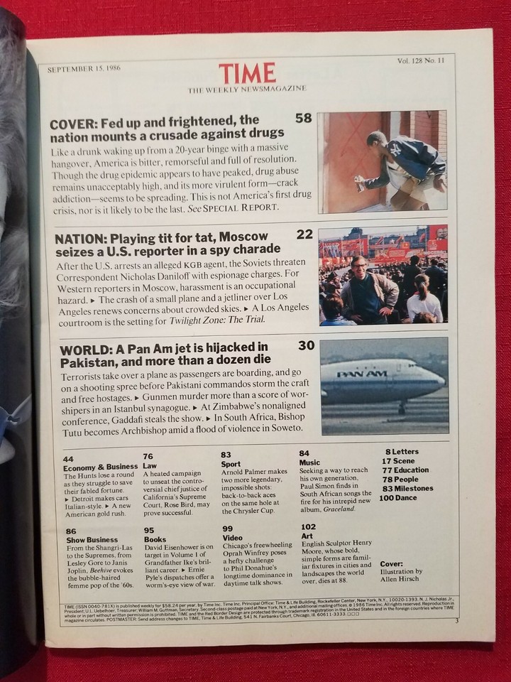 TIME MAGAZINE, Drugs: Enemy Within, Sept 15, 1986; Terror Strikes Again ...