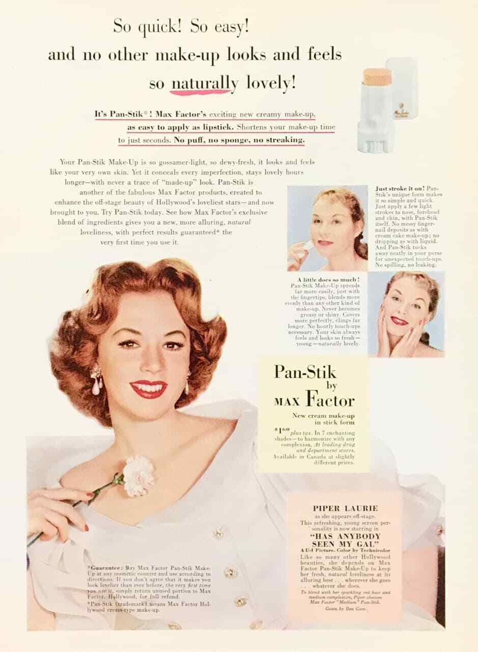 1952 Max Factor Pan-Stik Cream Make-Up PRINT AD Actress Piper Laurie | eBay