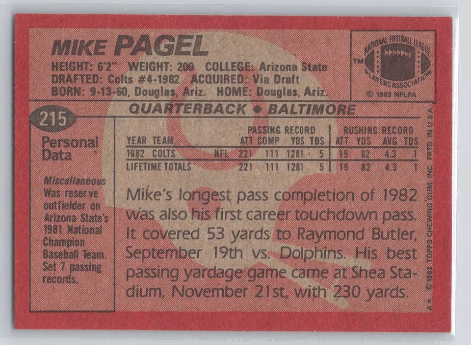 1983 Topps #215 Mike Pagel RC Rookie - Colts | eBay