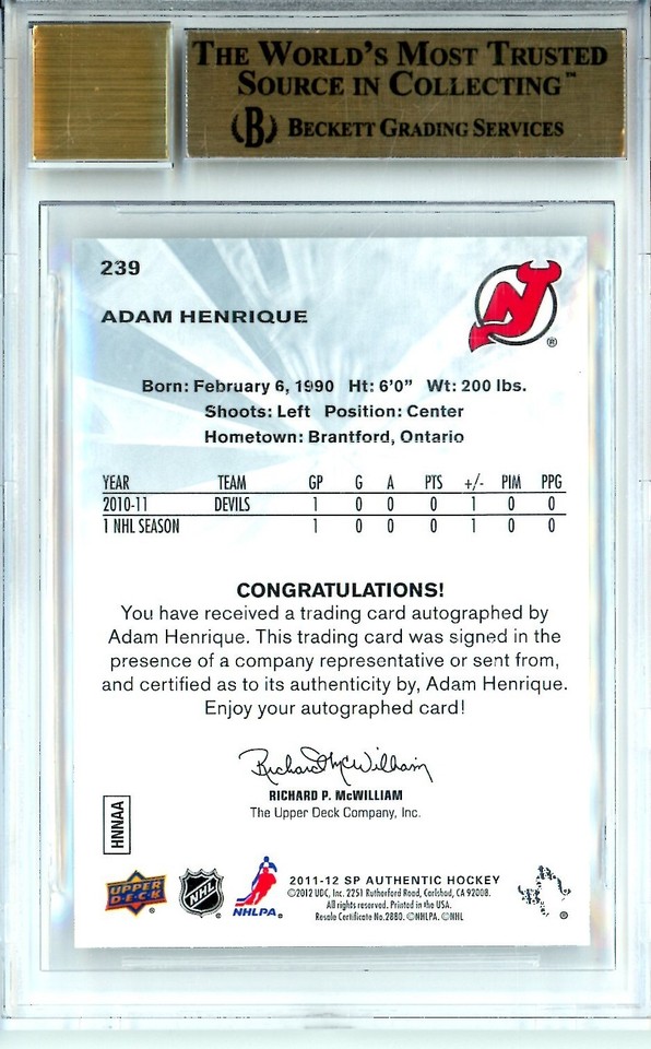 2011-12 SP Authentic Future Watch #239 Adam Henrique RC AUTO /999 - BGS ...