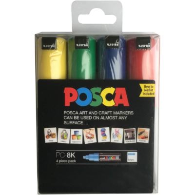 Uni POSCA Marker Pen PC-8K - Broad 8mm - Set of 4 Blue Green Red Yellow ...