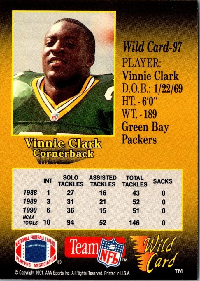 1991 Wild Card Vinnie Clark #97 Green Bay Packers Football Card | eBay