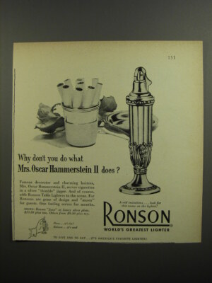1952 Ronson Table Lighter Ad - do what Mrs. Oscar Hammerstein II Does ...