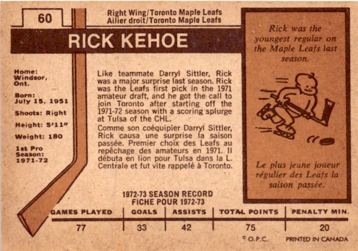 1973-74 O-Pee-Chee #60 Rick Kehoe Toronto Maple Leafs | eBay