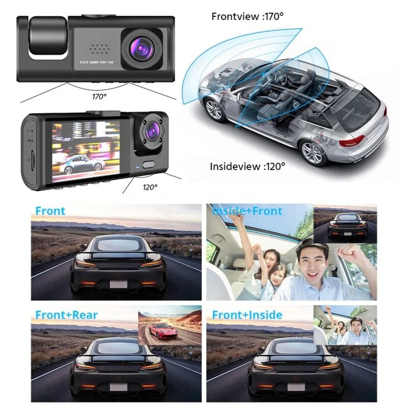 Dash Cam HD 1080p Car Dual Lens Front/Rear/Inside Video Recorder Camera ...