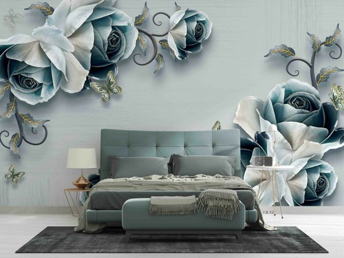 3D Embossed Blue Rose Floral Self-adhesive Removable Wallpaper Murals ...