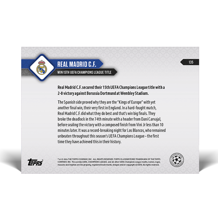 Real Madrid C.F. 15th UEFA Champions Title 23/24 UCL TOPPS NOW Card 135 ...
