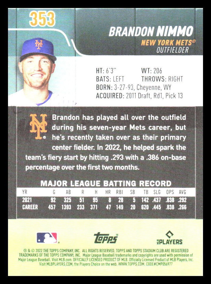 2022 Topps Stadium Club Chrome Brandon Nimmo 353 New York Mets | eBay