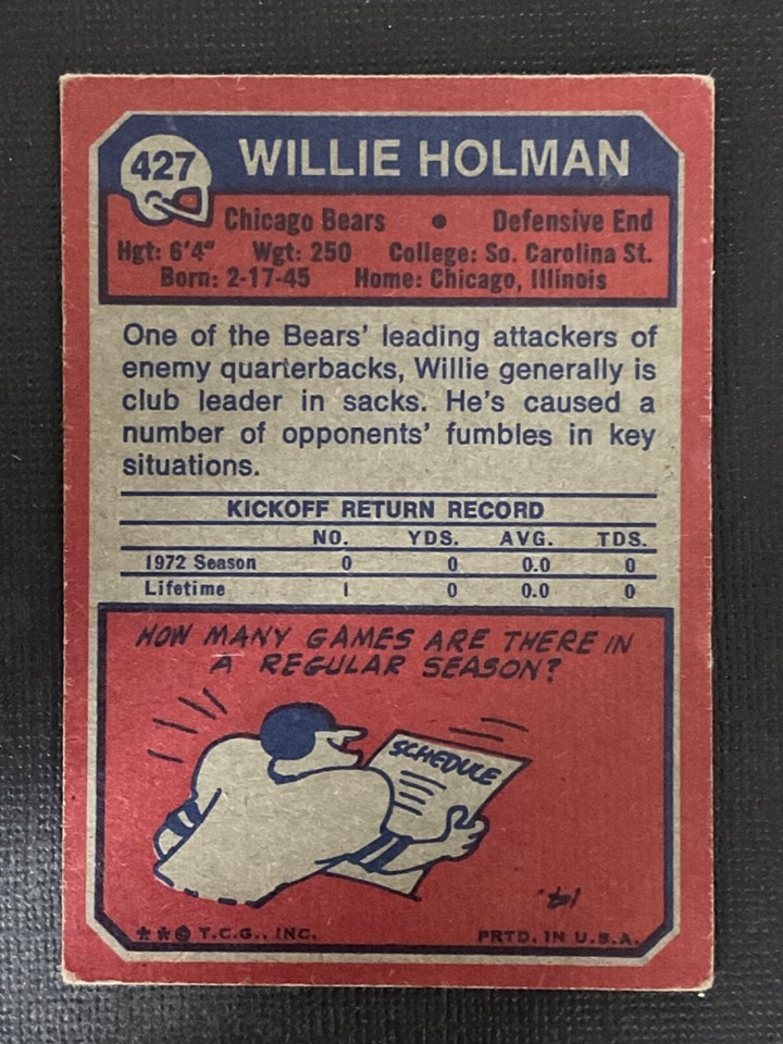 Willie Holman 1973 Topps Rookie Football Card #427 - Chicago Bears ...