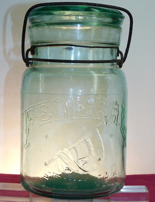 THE FEDERAL FRUIT JAR "EUREKA FLAG" RARE 4 POUND nice Aqua Green Bottle ...