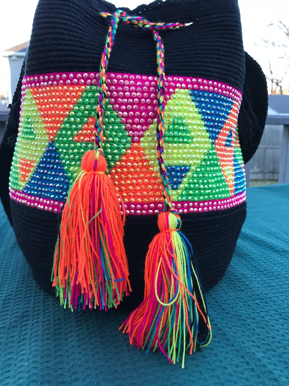 Authentic Wayuu Colombian Mochila Bag Black Jeweled Tassels Crossbody ...