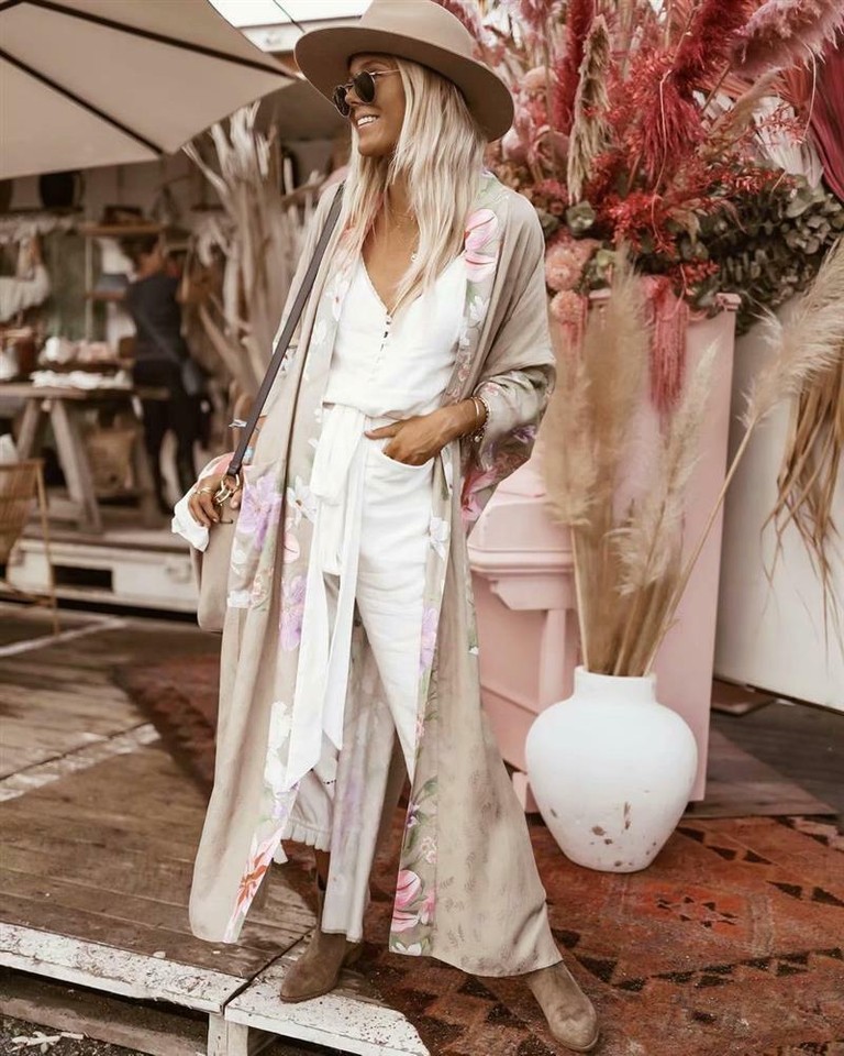 M New Boho Floral Kimono Maxi Duster Jacket Vtg 70s Ins Womens Size ...