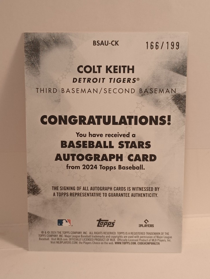 2024 Topps Update Colt Keith Baseball Star Autograph 166/199 Detroit ...