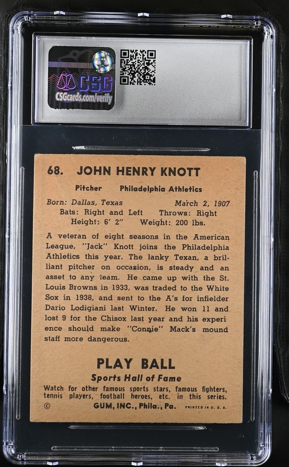 1941 Play Ball R336 #68 Jack Knott Philadelphia Athletics - CSG 5.5 Ex+ ...