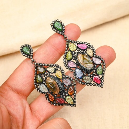 Gorgeous Multi Tourmaline Gemstone & Pave Diamond Earring 925 Sterling ...