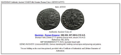 MAXIMIAN Authentic Ancient 310AD Follis Genuine Roman Coin w GENIUS ...