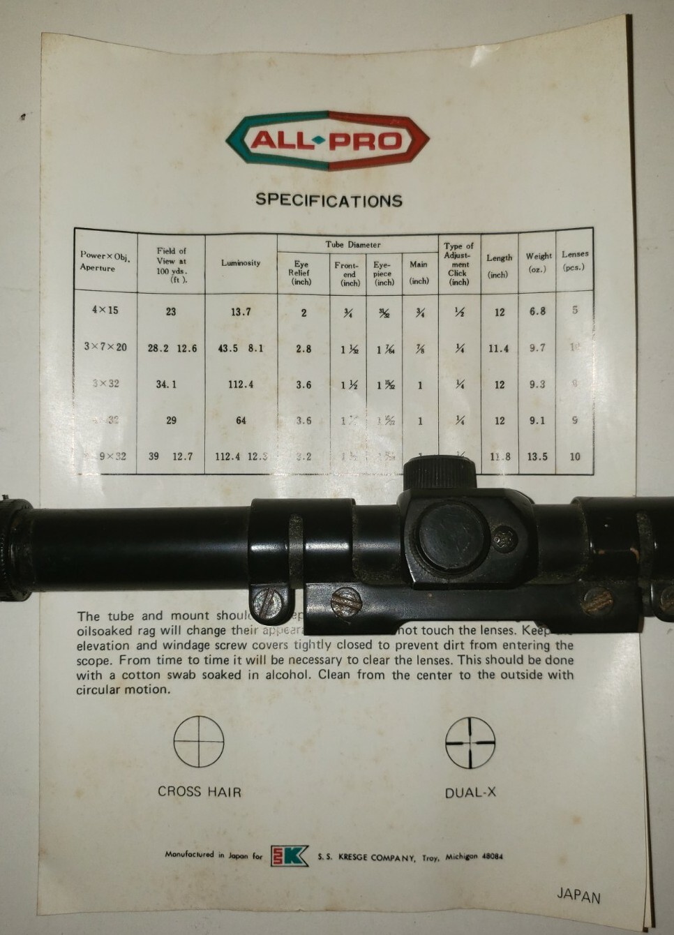Vintage K-Mart All Pro 4x15 Rifle Crosshair Scope Japanese Made | eBay