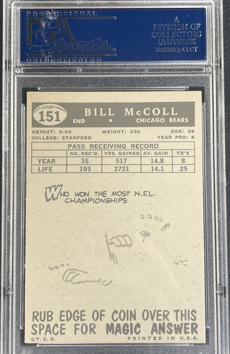 1959 Topps Football #151 Bill Mccoll PSA 8 NM-MT Set-Break Chicago ...