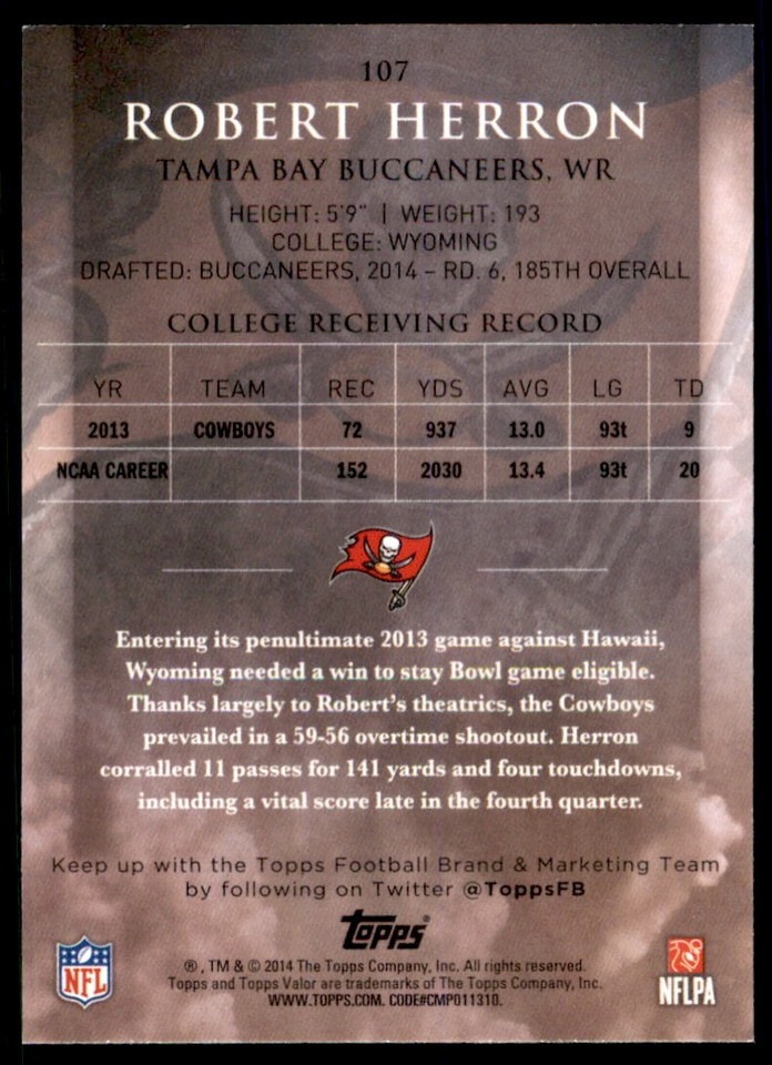 2014 Topps Valor Robert Herron Rookie Tampa Bay Buccaneers #107 | eBay