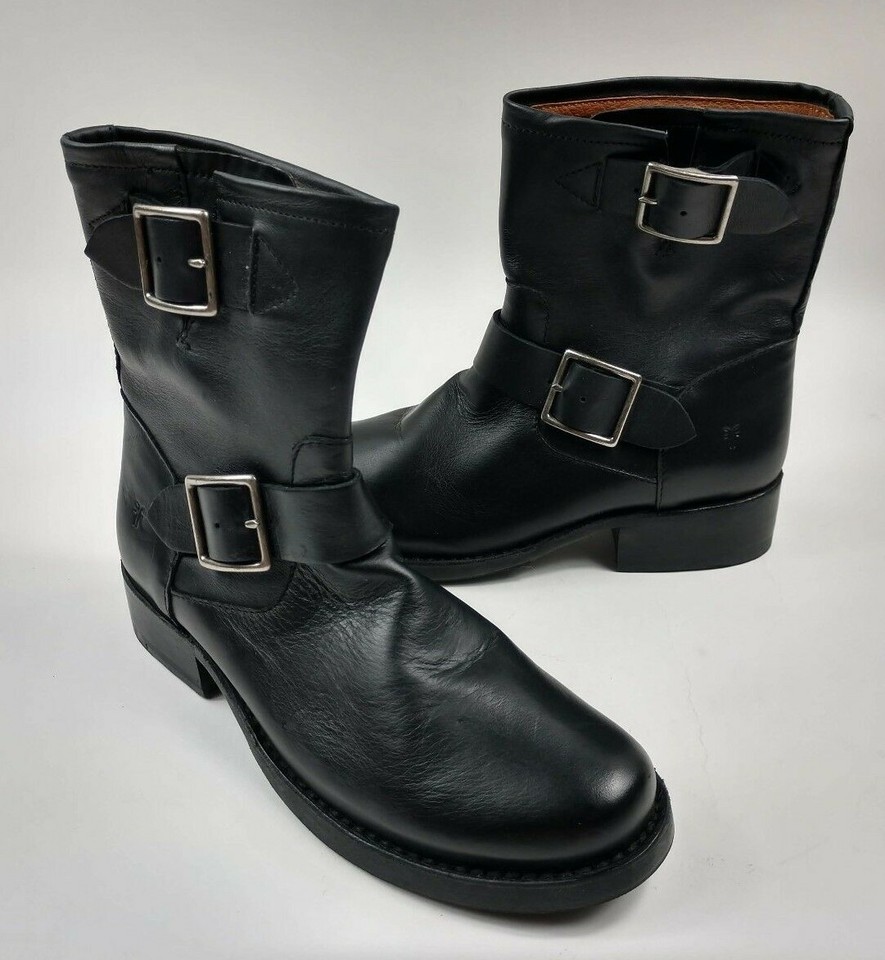 Frye Black Leather Vicky Engineer Moto Buckle Mid Rise Boots Women's ...