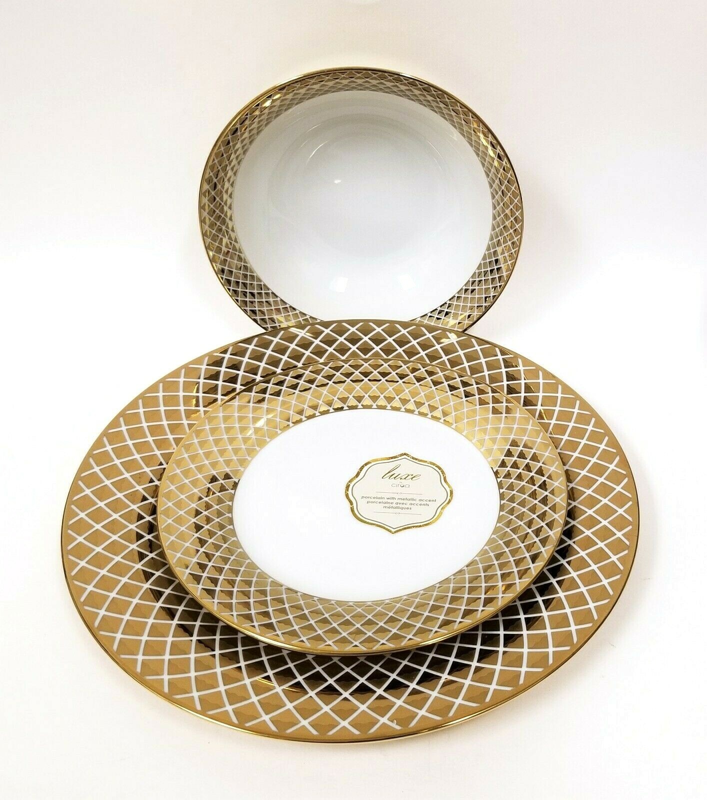 LUXE SET OF 4 PORCELAIN METALLIC GOLD DIAMOND PATTERN DINNER,SALAD ...