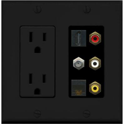 1 Port HD CAT6 Coax Composite RCA Wall Plate + Power Outlet [ BLACK ...