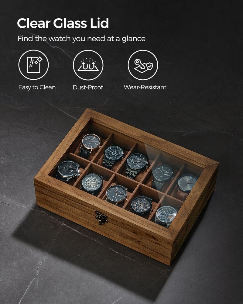 10 Slot Watch Case Display Vintage Wooden Jewelry Box Brown Organizer ...