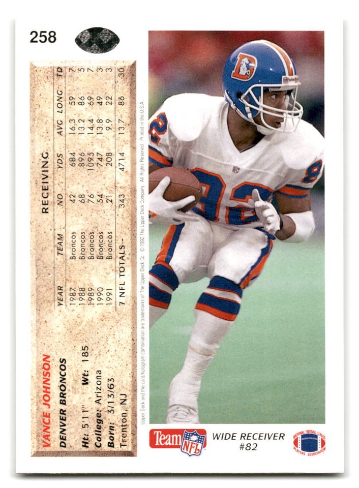 Vance Johnson 1992 Upper Deck FOOTBALL #258 Denver Broncos | eBay