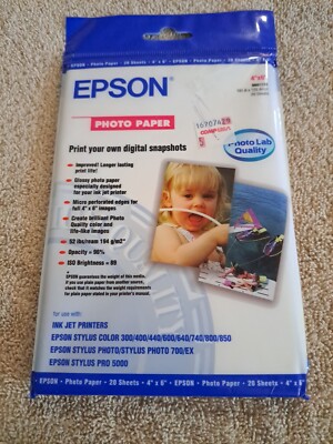 Epson Glossy Photo Paper - 20 Sheets 4" x 6" Ink Jet Printer Paper ...