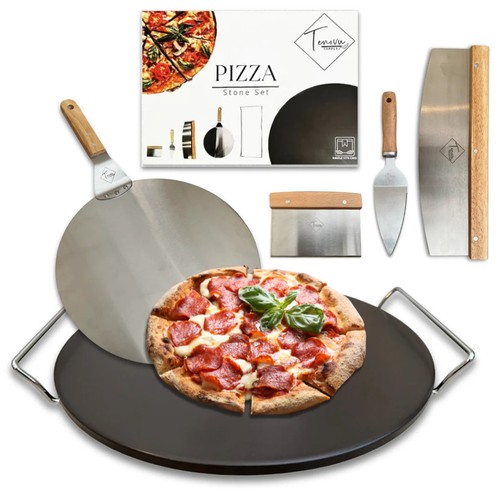 Pizza Stone Set 13" Black Cordierite Oven Grill w/ Peel, Cutter ...