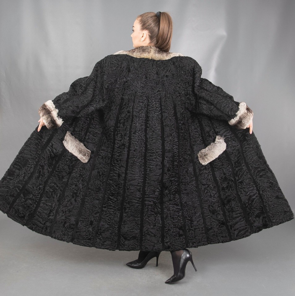 458 Genuine Astrakan fur long coat with genuine chinchilla collar and cuffs sz L | eBay