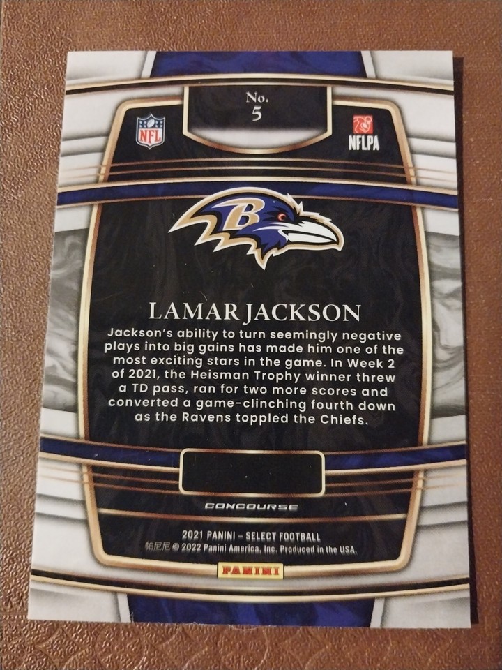 2021 LAMAR JACKSON PANINI SELECT NFL CARD #5 BALTIMORE RAVENS ...