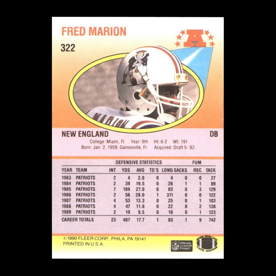 Fred Marion 1990 Fleer New England Patriots #322 R325D 24 | eBay