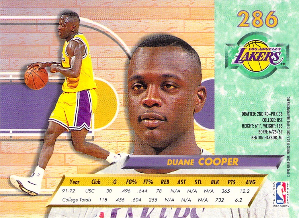 Duane Cooper RC 1992-93 Fleer Ultra NBA Basketball Rookie Card #286 LA ...