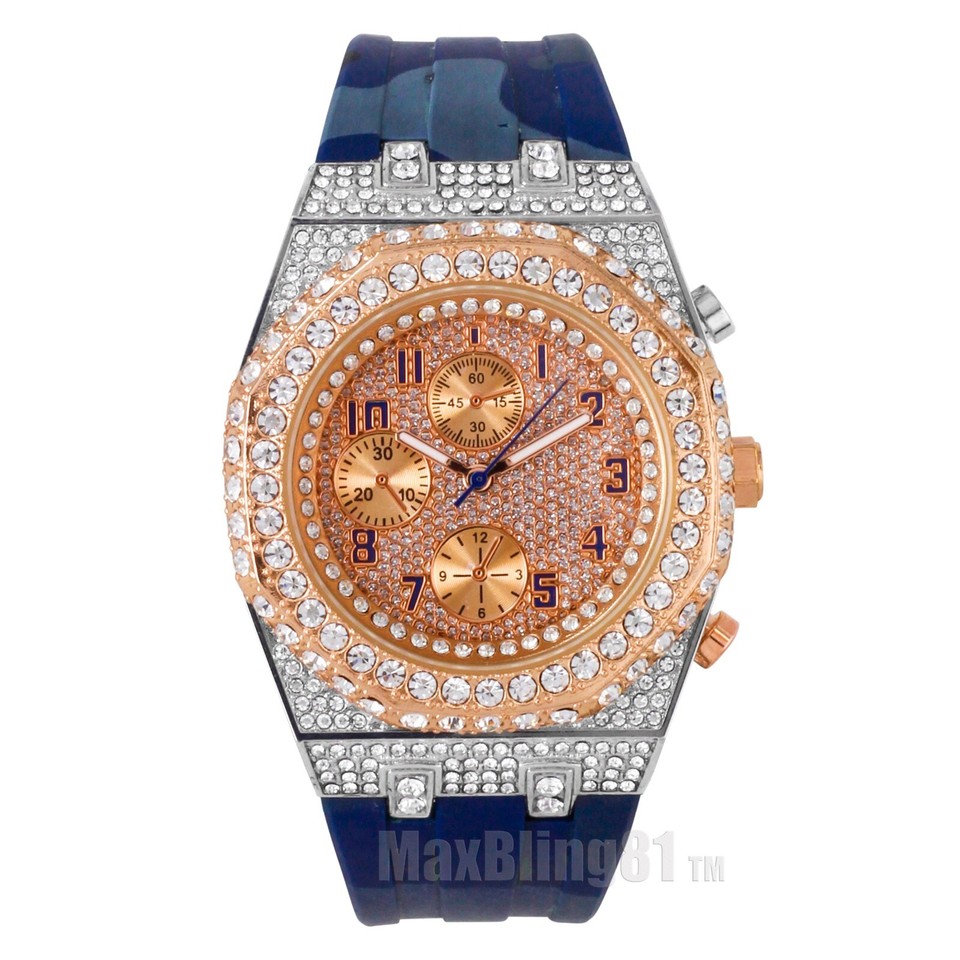 HIP HOP ICED SILICONE BAND LUXURY SIMULATED DIAMOND BLING OCTAGON BEZEL ...