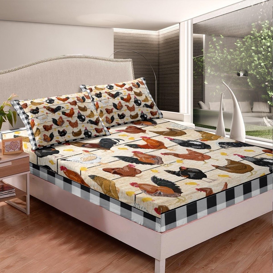 Hen Rooster Print Bed Sheets Set Farmhouse Animals Sheet Set Cute Chick ...