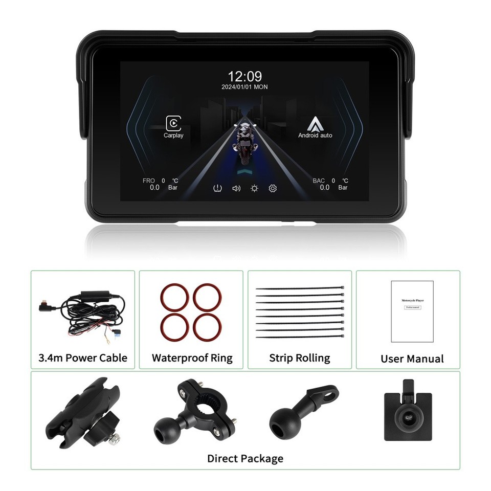 5" Motorcycle Screen Wireless Carplay & Android Auto Waterproof Car ...