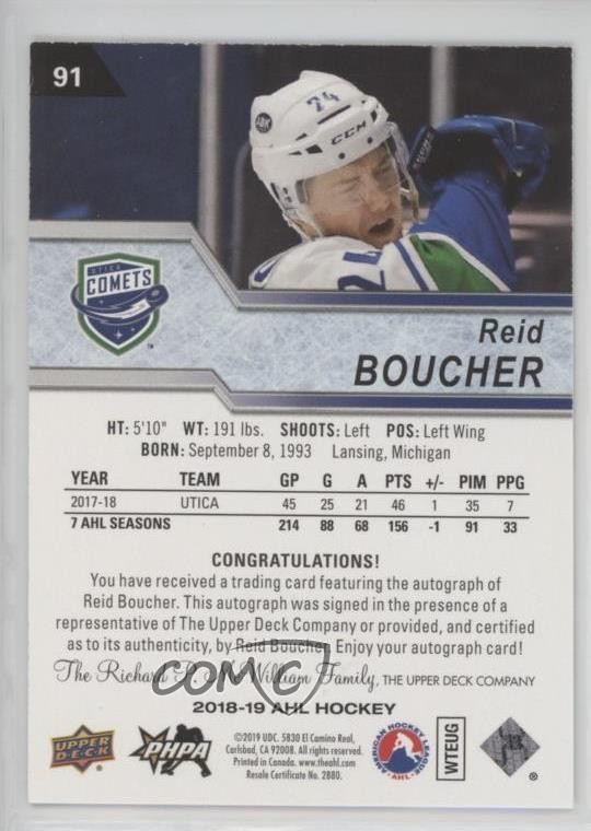 2018-19 Upper Deck AHL Auto Reid Boucher #91 Auto | eBay